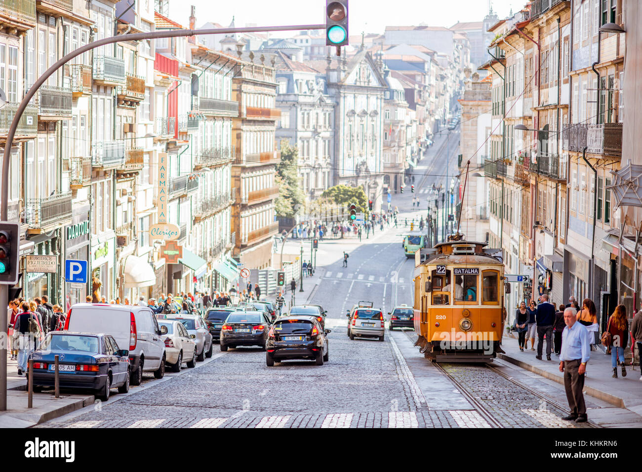 PORTO, PORTUGAL - September 24, 2017: Street view with retro tourist ...