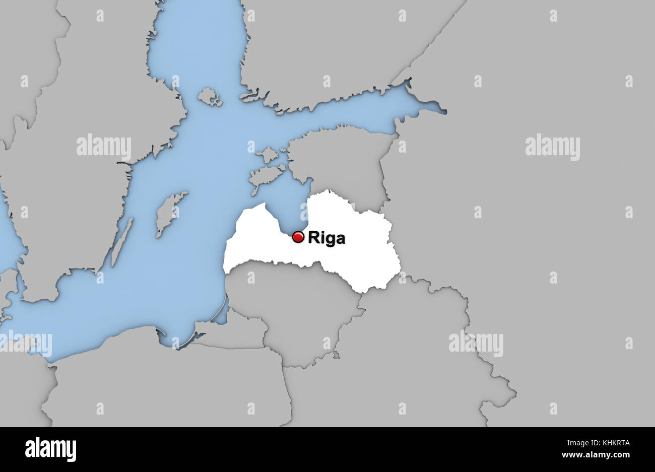 Abstract 3d render of map of Latvia highlighted in white color and location of the capital Riga ...