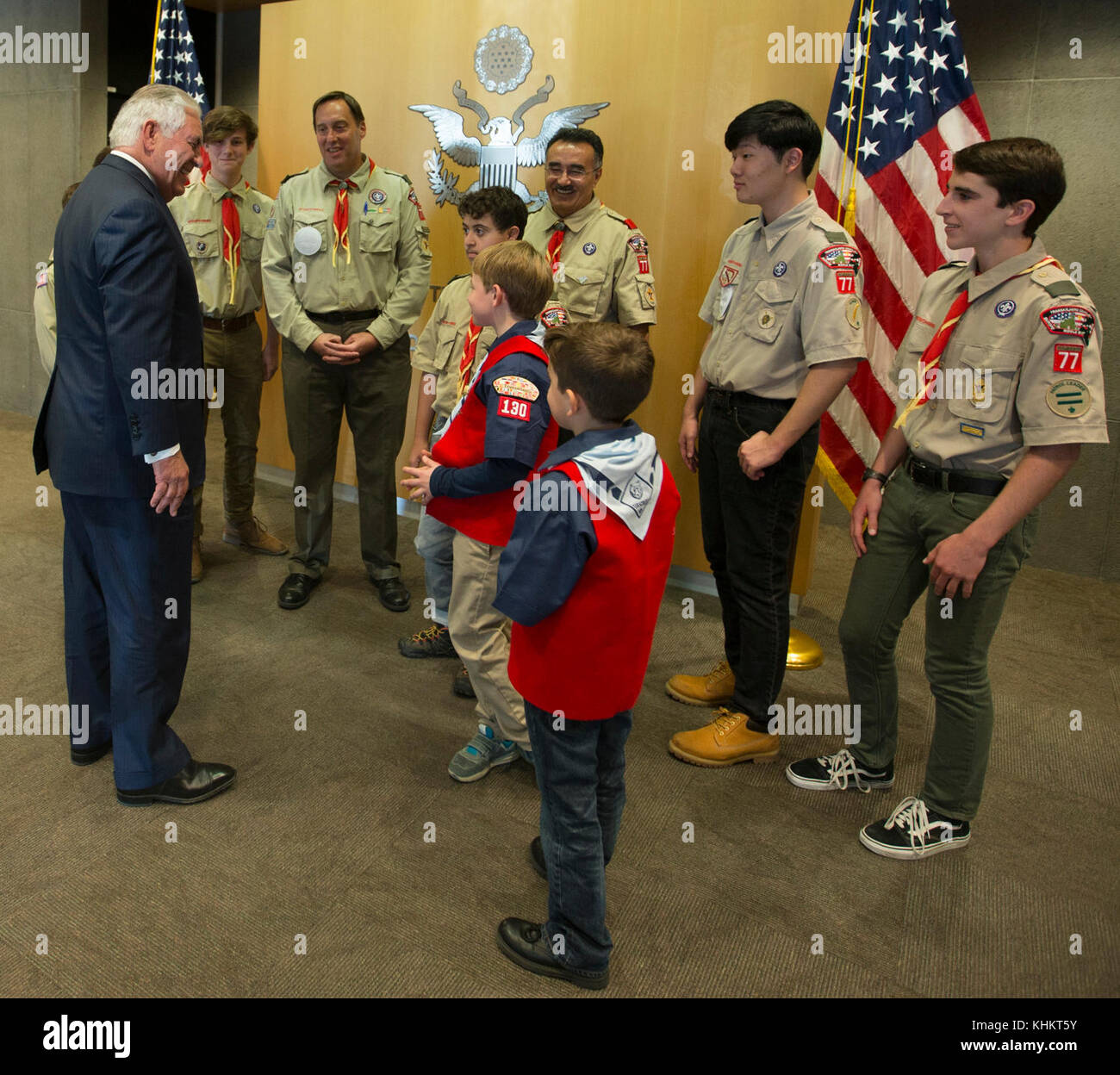 U.S. Secretary of State Rex Tillerson speaks with members of Boy Scouts ...