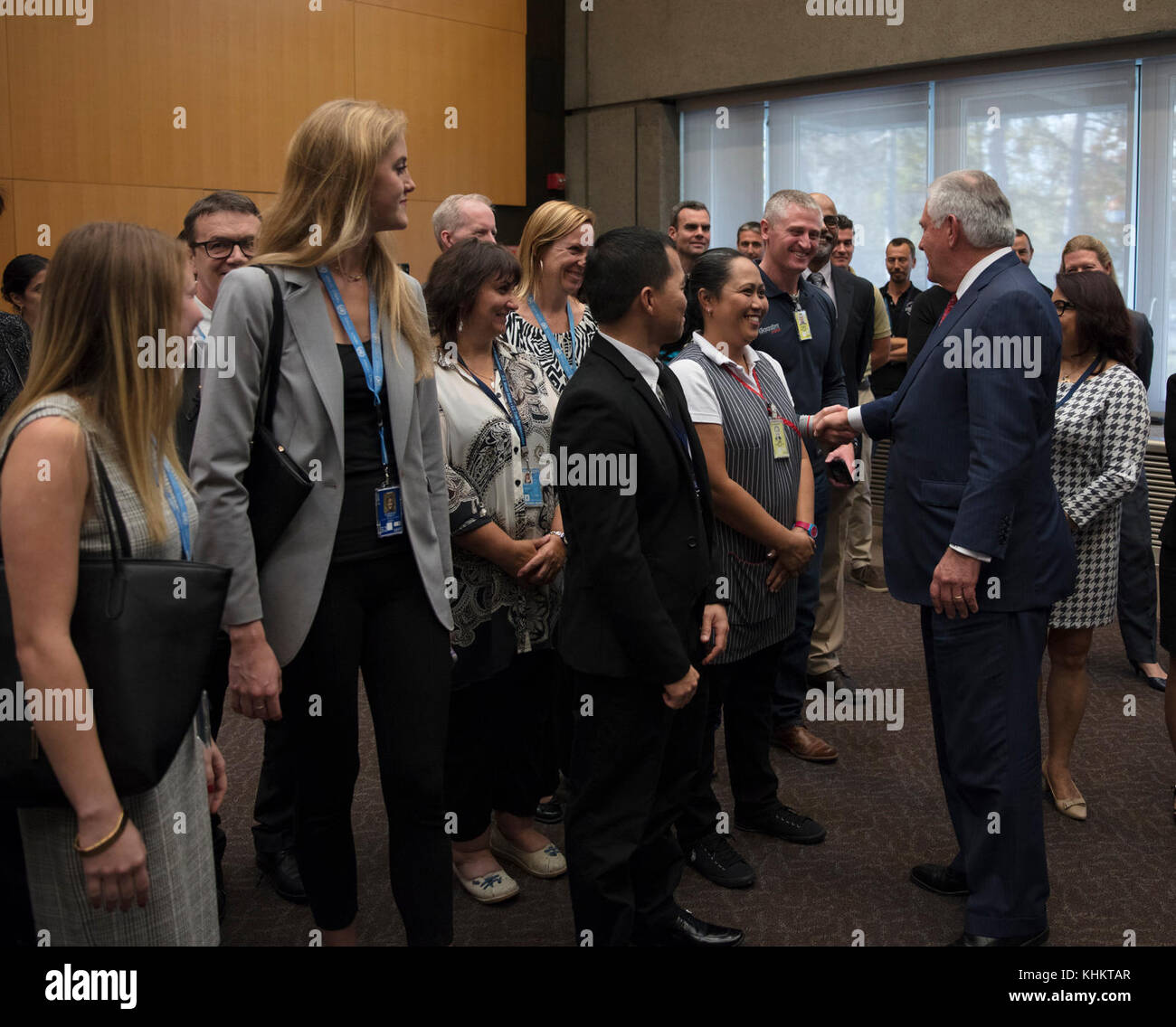 U.S. Secretary of State Rex Tillerson greets U.S. Mission Geneva staff ...