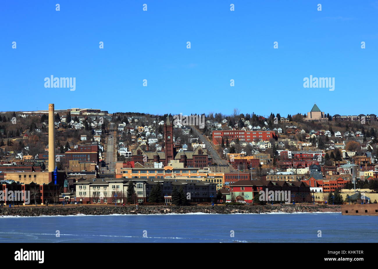 Duluth, Minnesota. View on the lake shore and the town from Park Point ...