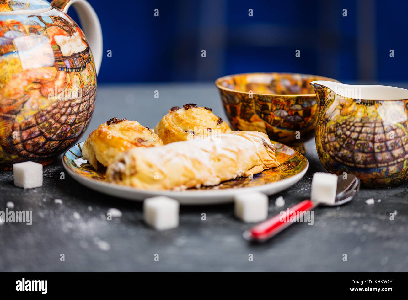 Tea set of oriental sweets bakery. Top view. Dark background Stock ...