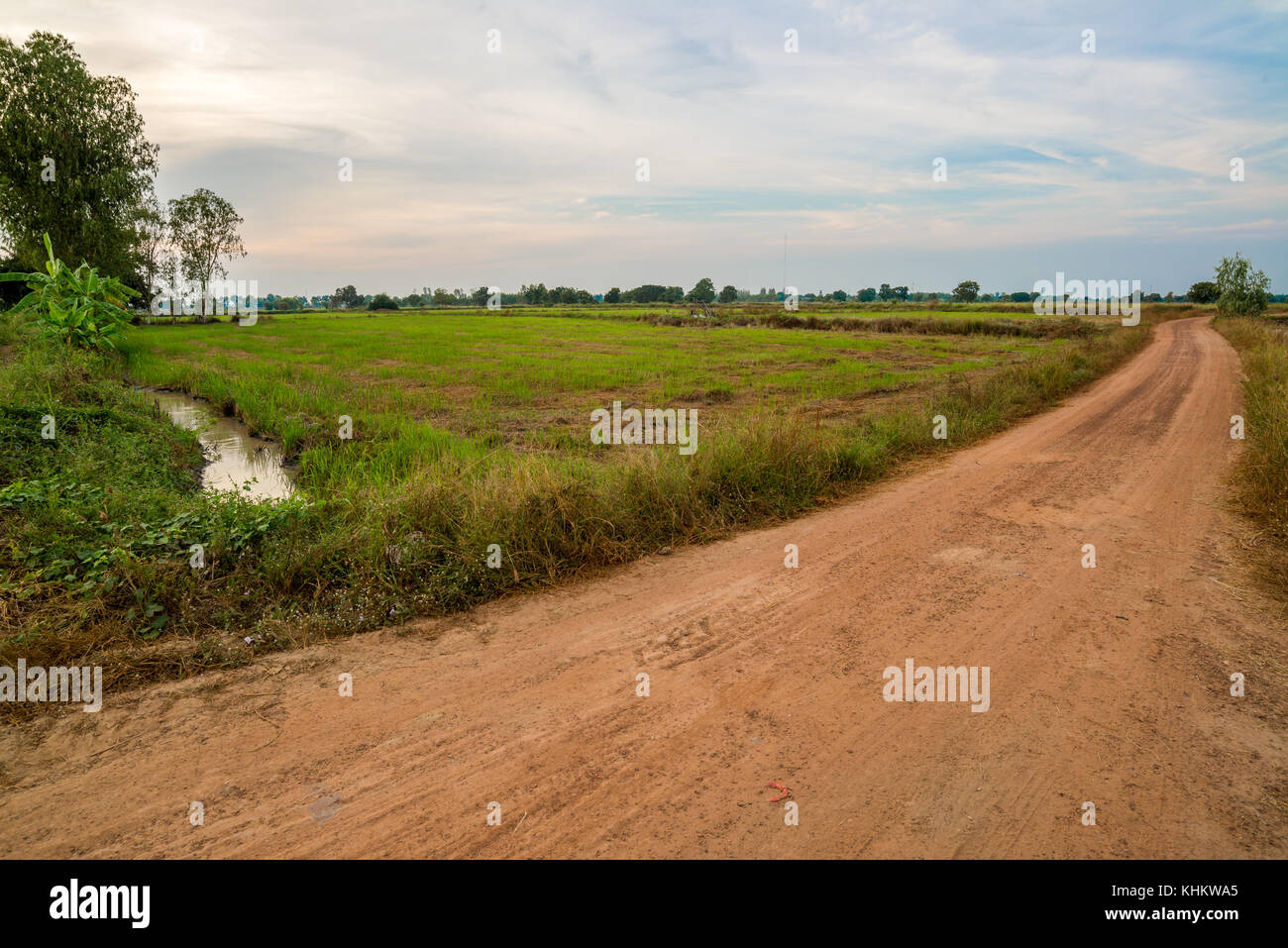 Orange soil road with field of agricultural in countryside of Thailand ...