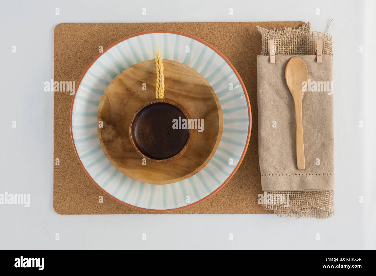 Overhead view of rustic table setting, close-up Stock Photo - Alamy