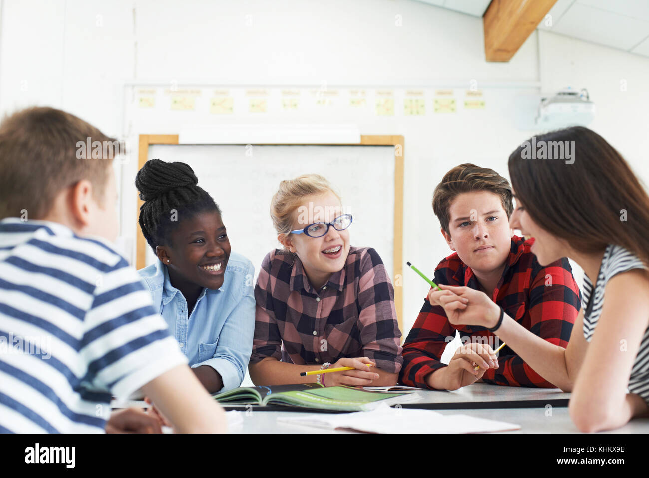 Group Of Teenage Students Collaborating On Project In Classroom Stock Photo - Alamy