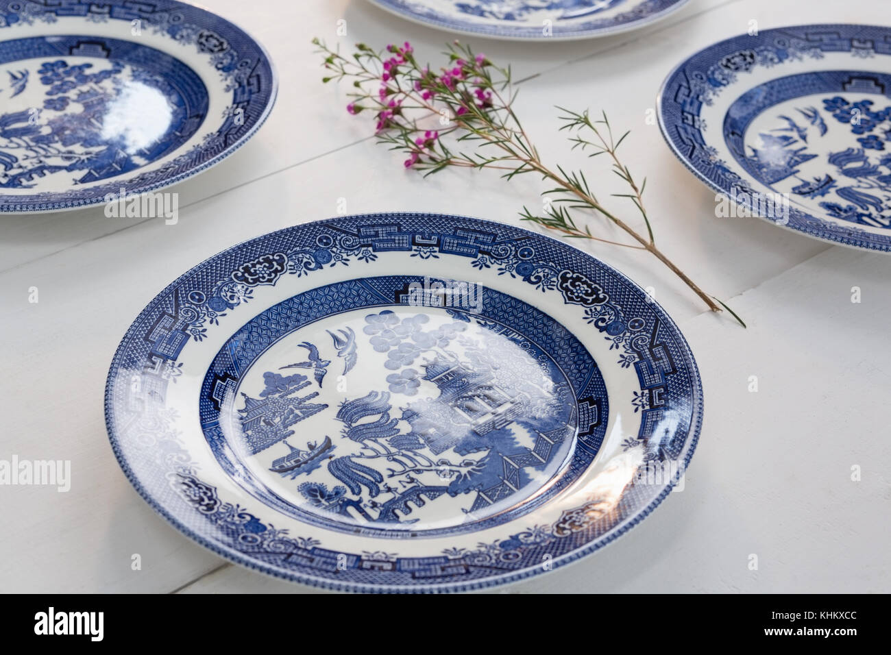 Close-up of empty plates and flower on white background Stock Photo - Alamy