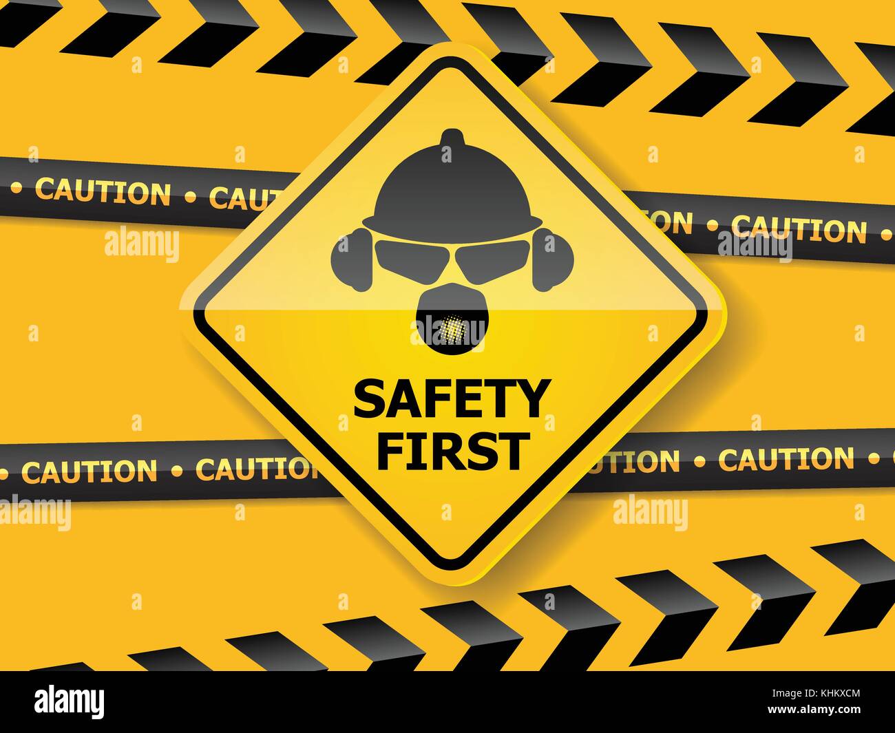 illustration of safety first with helmet, glass, ear muff and mask on ...