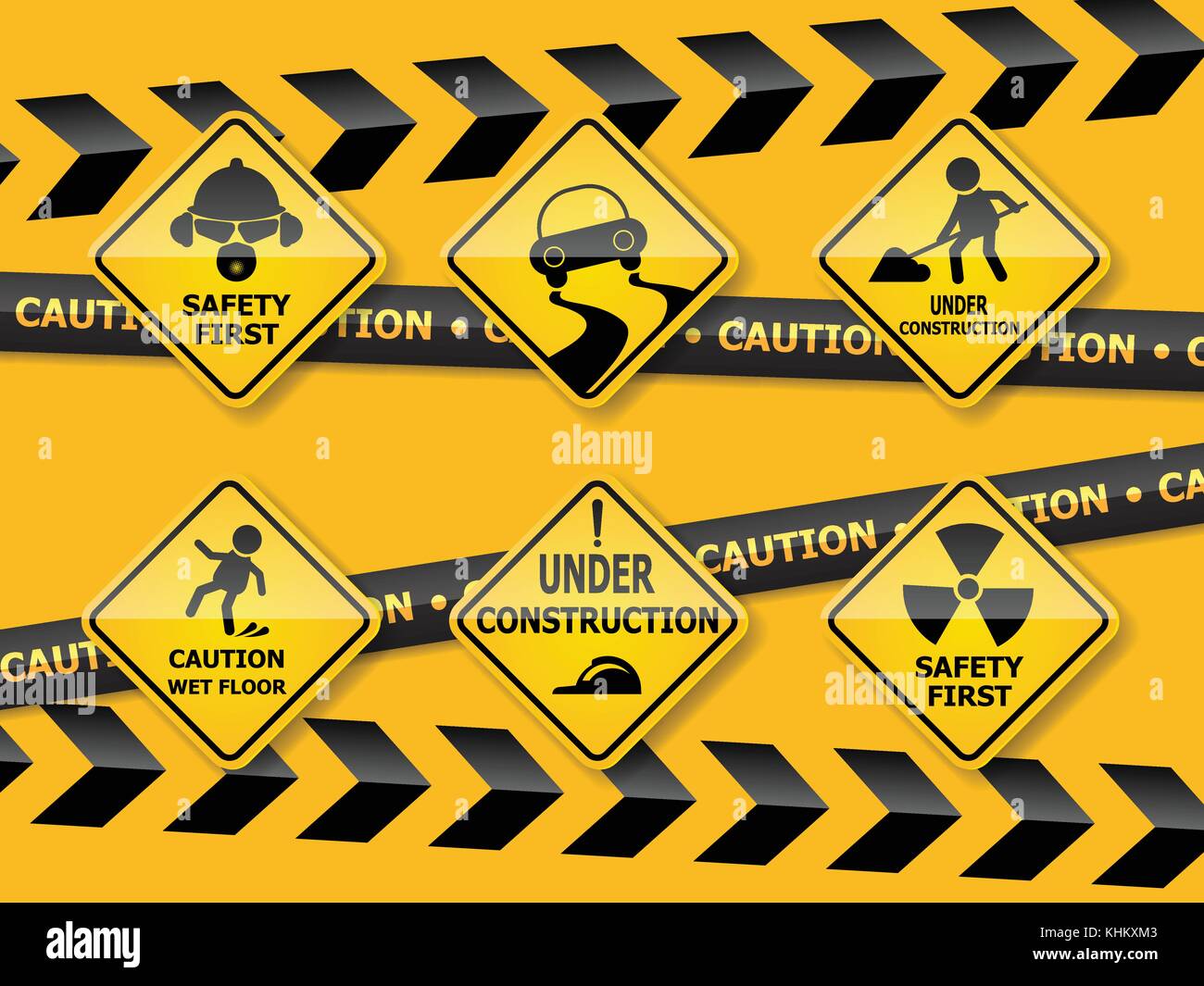 set of warning caution sign on yellow backgroun vector illustration ...