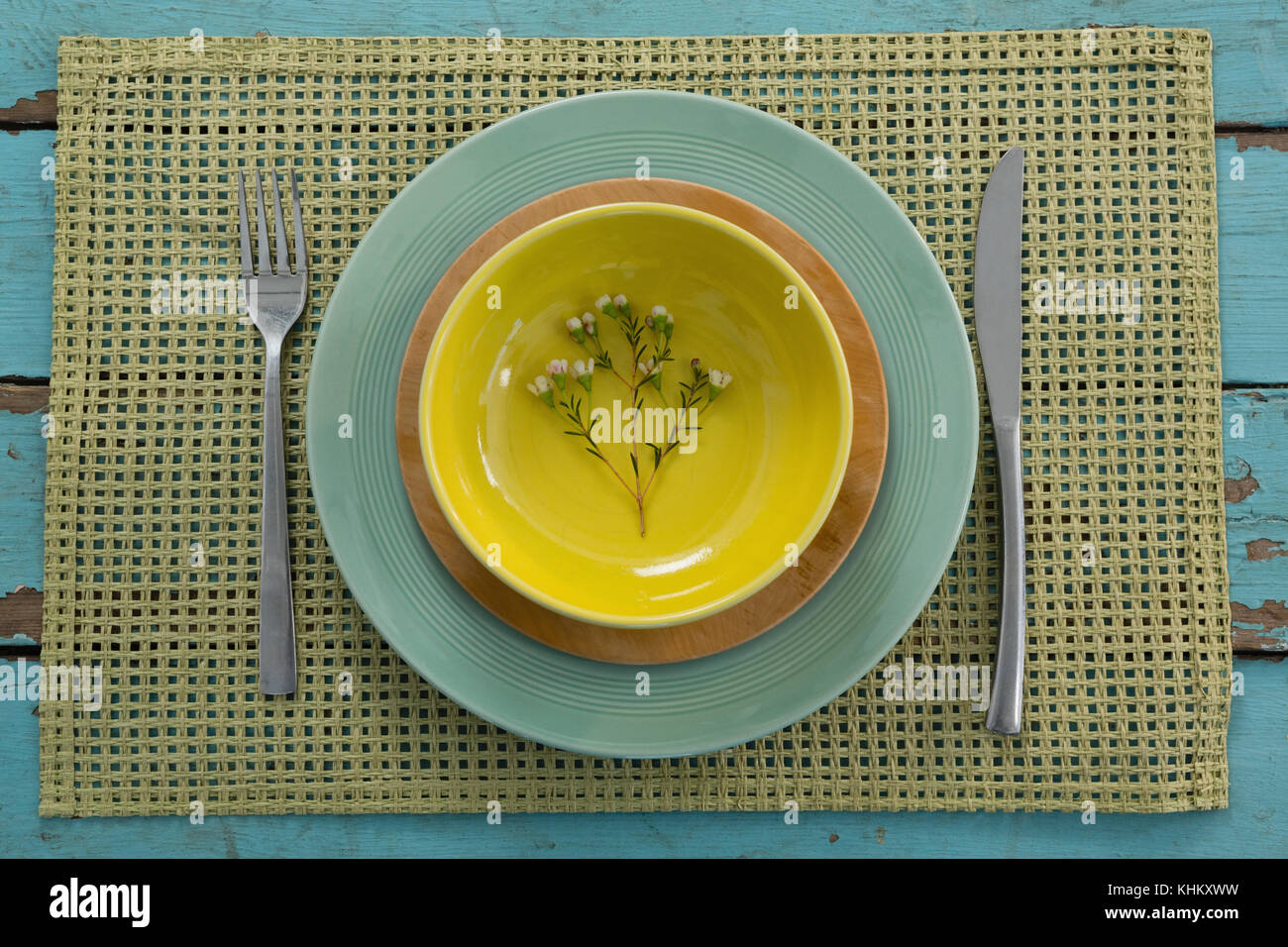 Overhead of table setting on weathered wooden plank Stock Photo - Alamy