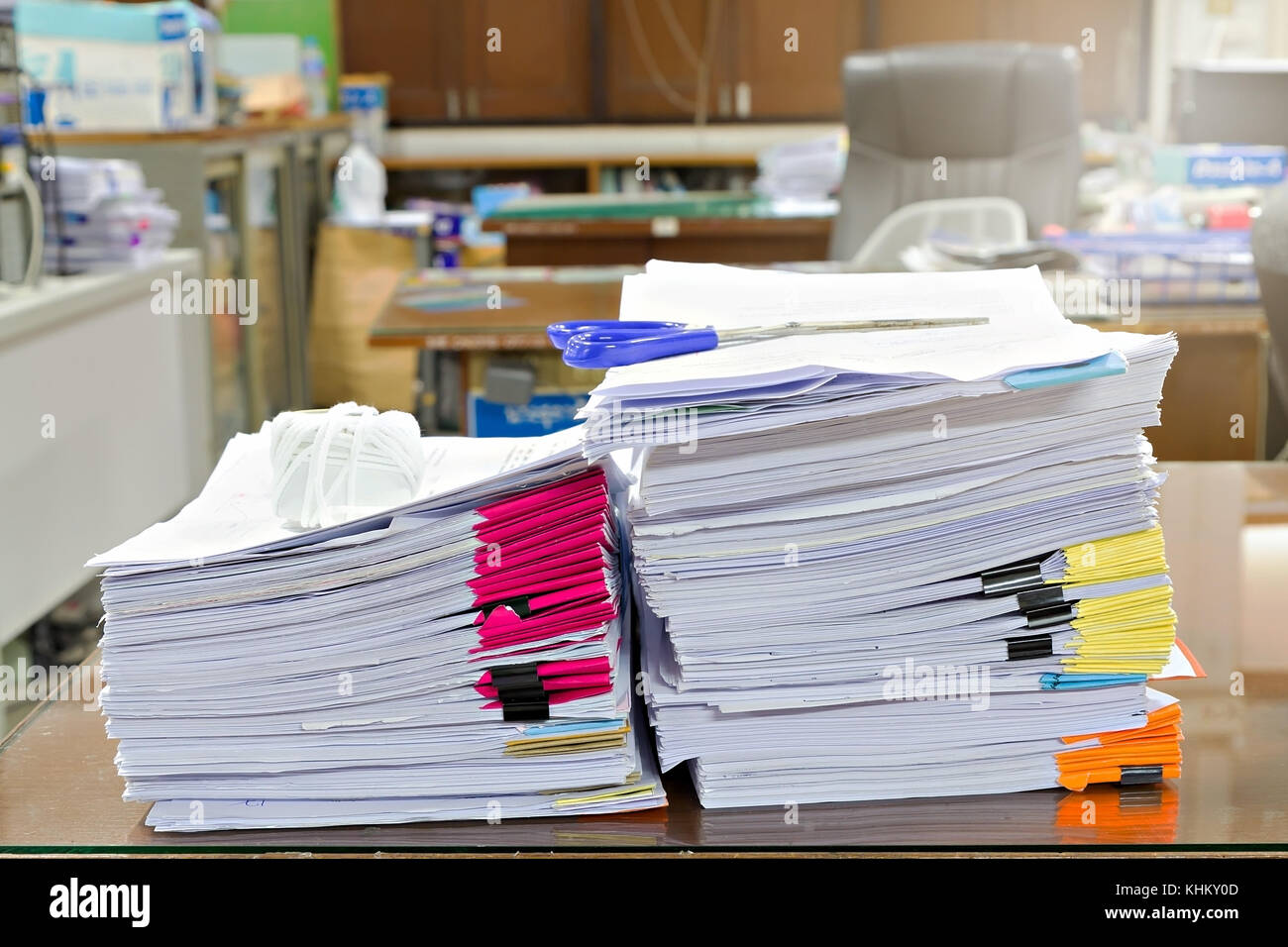 Close up of business documents stack on desk , report papers stack ...