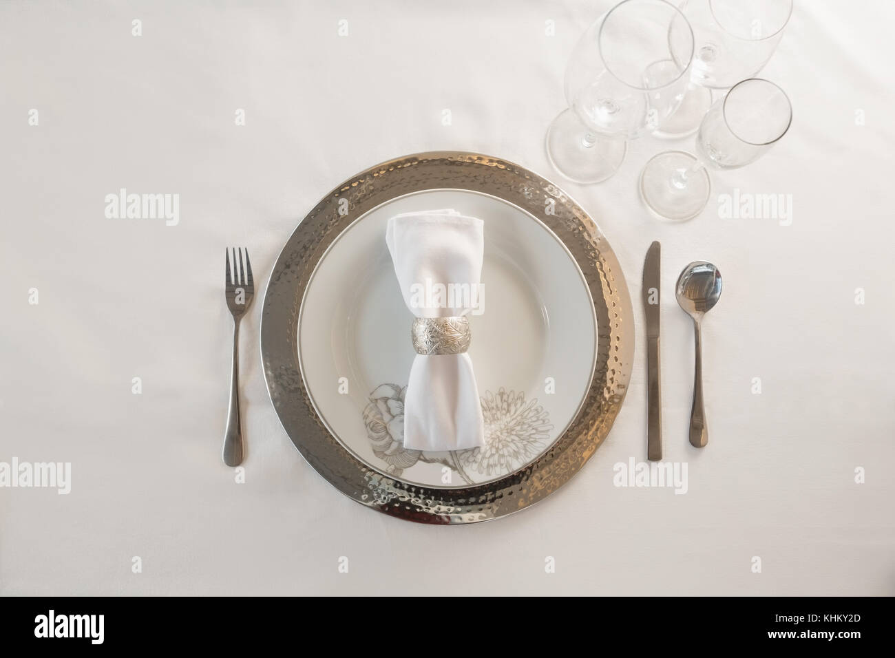Overhead of elegance table setting on white background Stock Photo - Alamy