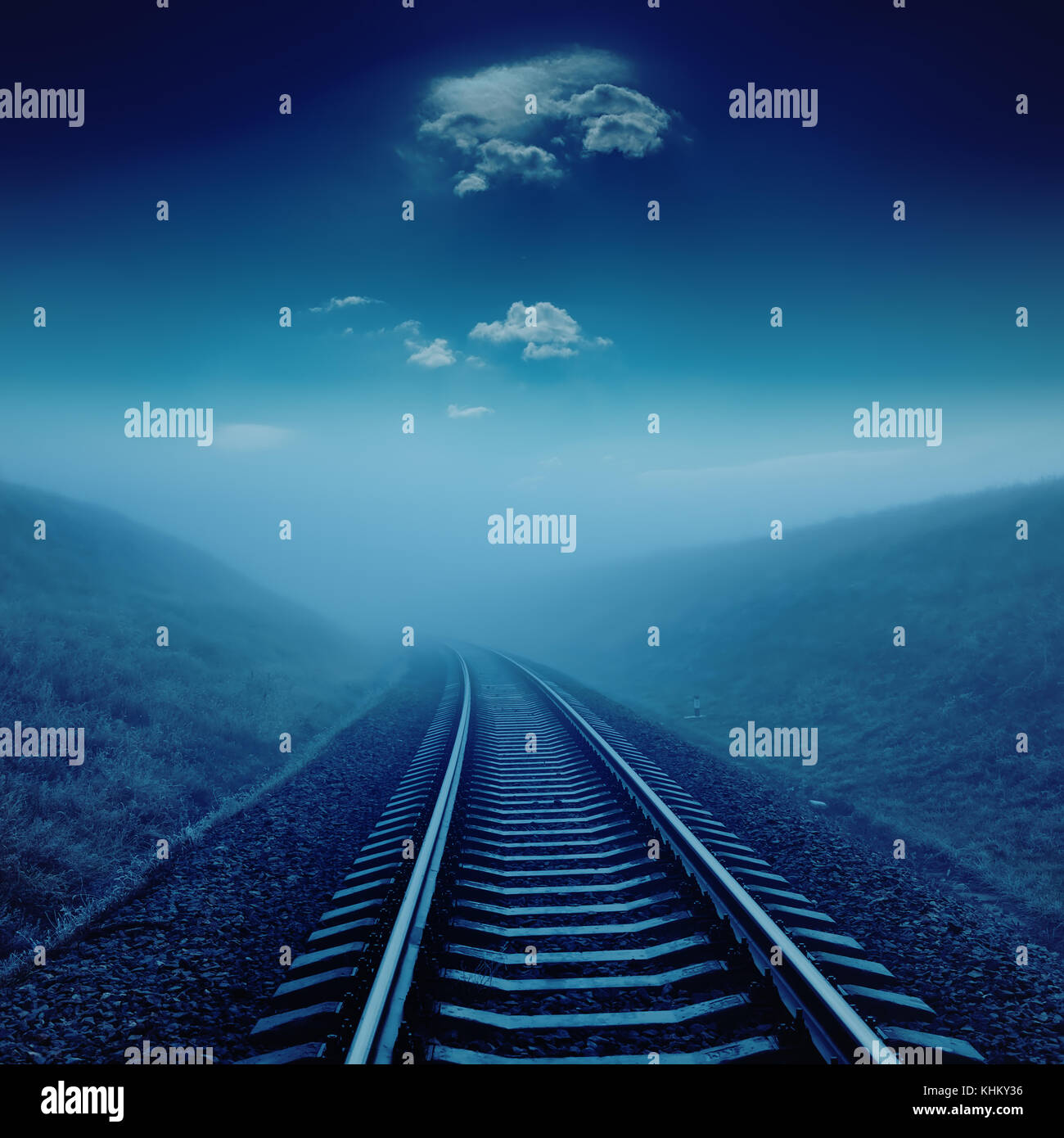 railroad in night under blue moonlight Stock Photo - Alamy