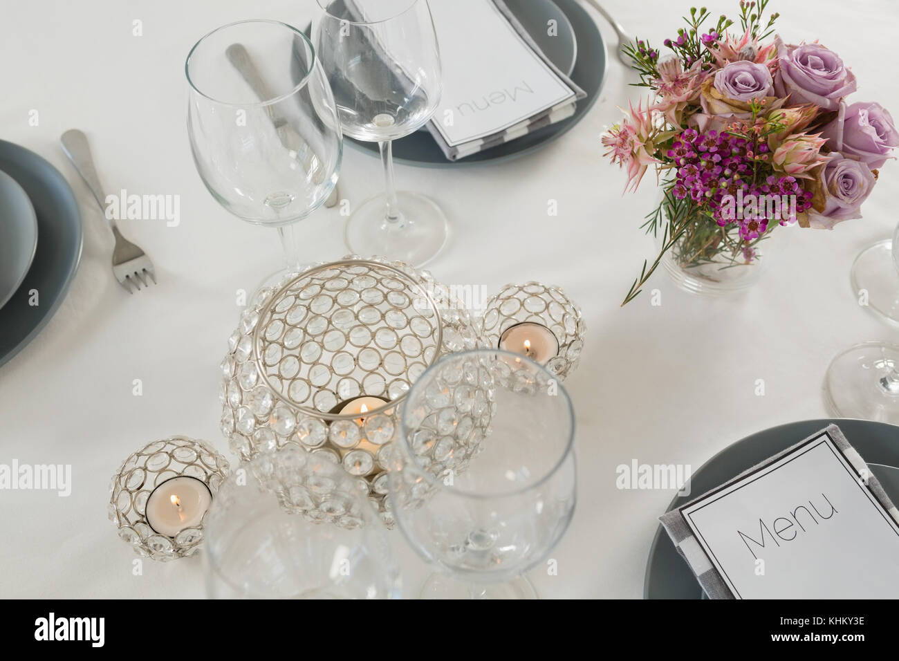 Close-up of menu card, plate and cutlery set elegantly on a table Stock ...