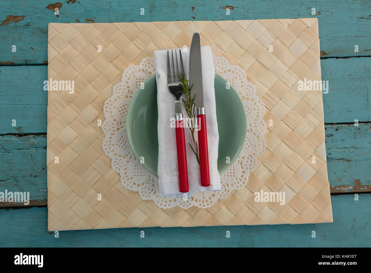 Overhead of table setting on weathered wooden plank Stock Photo - Alamy