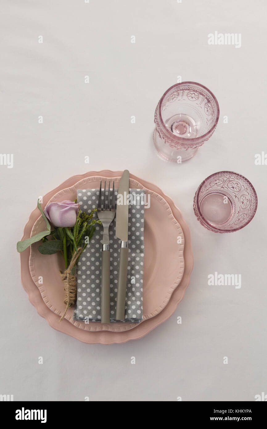 Overhead view of beautiful table setting with floral arrangement Stock ...
