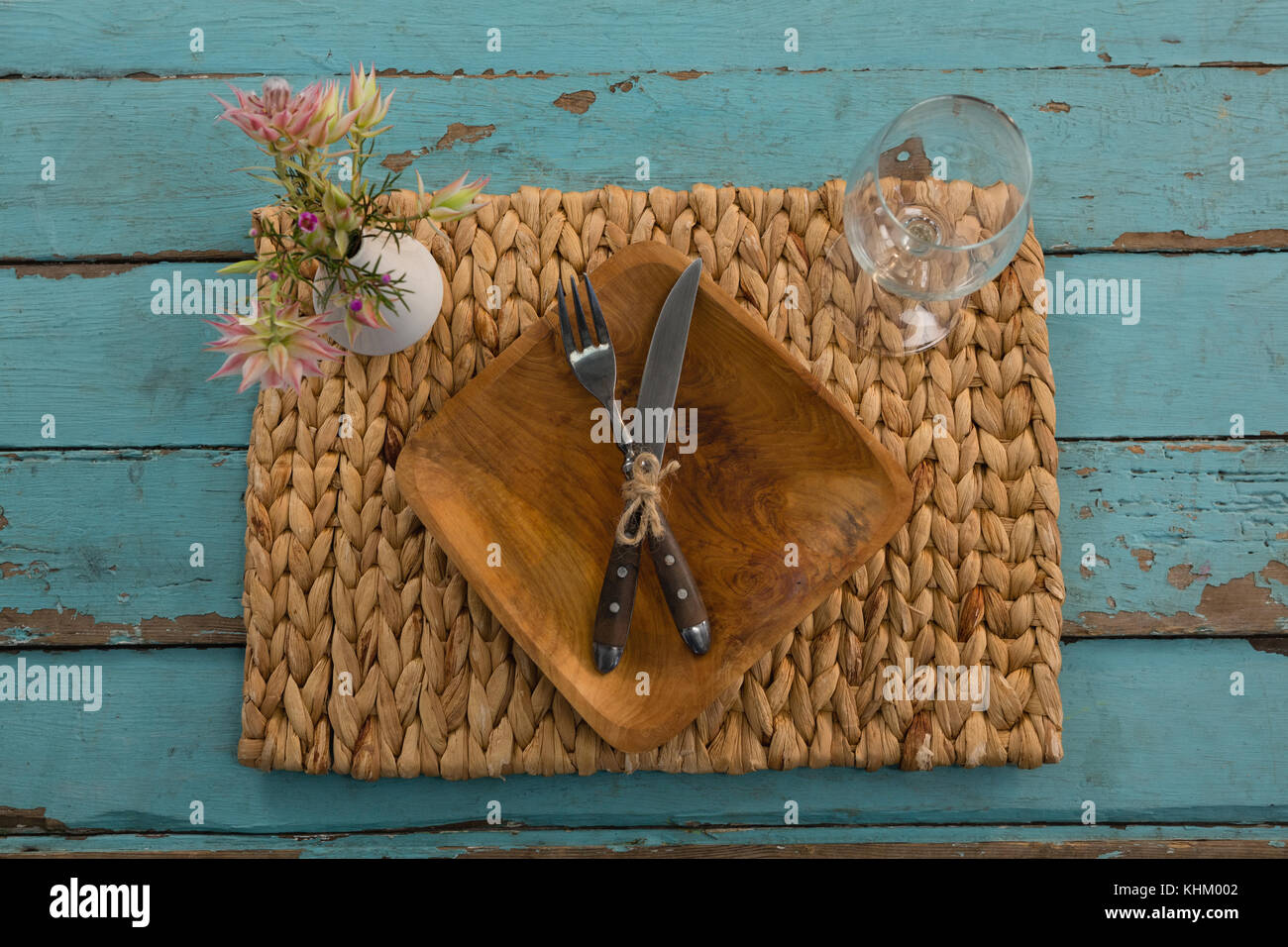 Overhead of table setting on weathered wooden plank Stock Photo - Alamy
