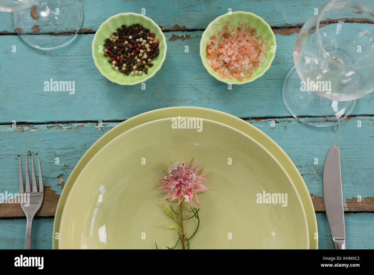 Overhead of table setting on wooden plank Stock Photo - Alamy