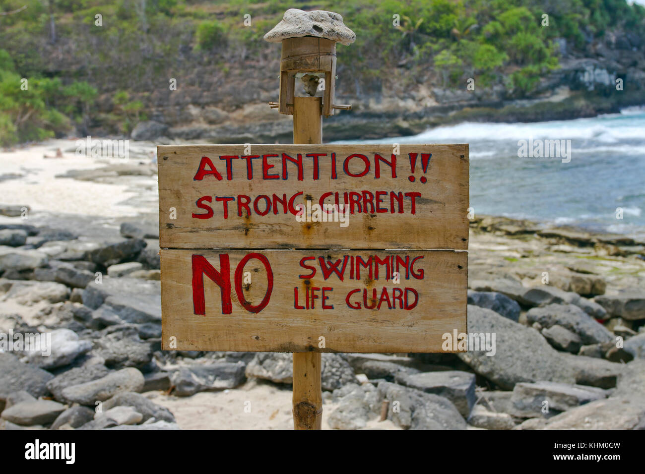 Warning sign for swimmers, Nusa Ceningan, Small Sunda Islands ...