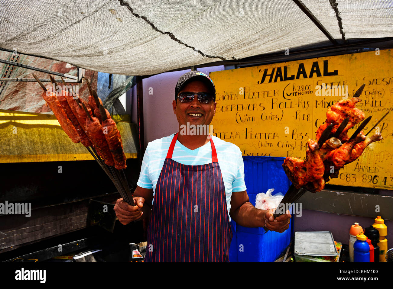 Street stall salesman with skewers, Halaal, Bo-Kaap Quarter, Cape Town ...