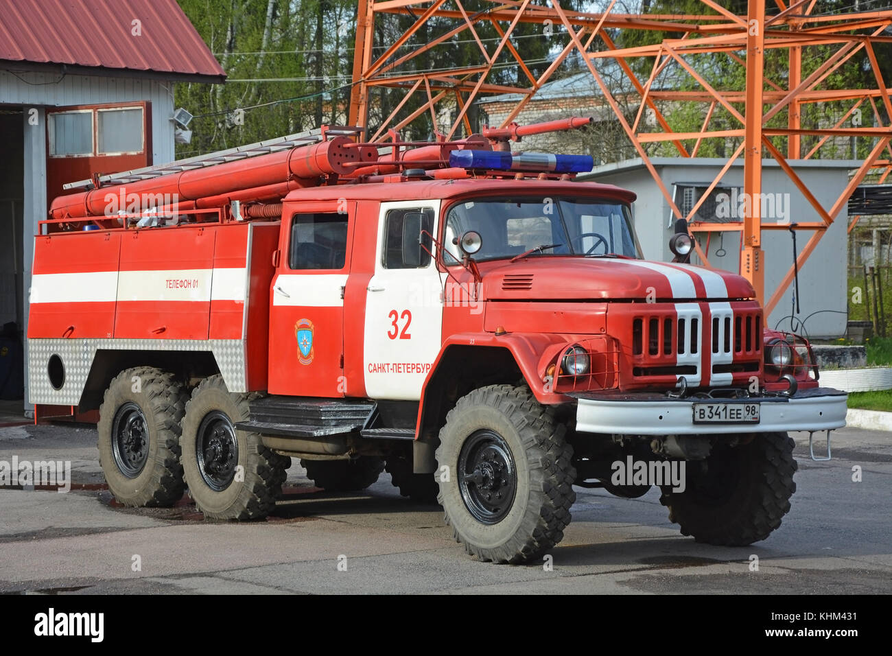 ZELENOGORSK, RUSSIA- MAY 10: Big fire-engine truck in Zelenogorsk city ...