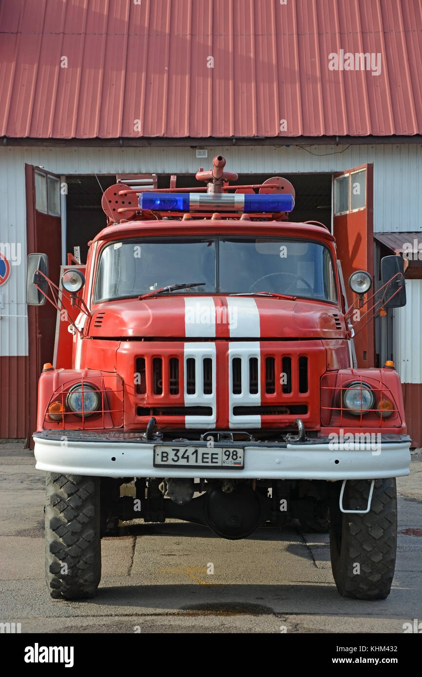 ZELENOGORSK, RUSSIA- MAY 10: Big fire-engine truck in Zelenogorsk city ...