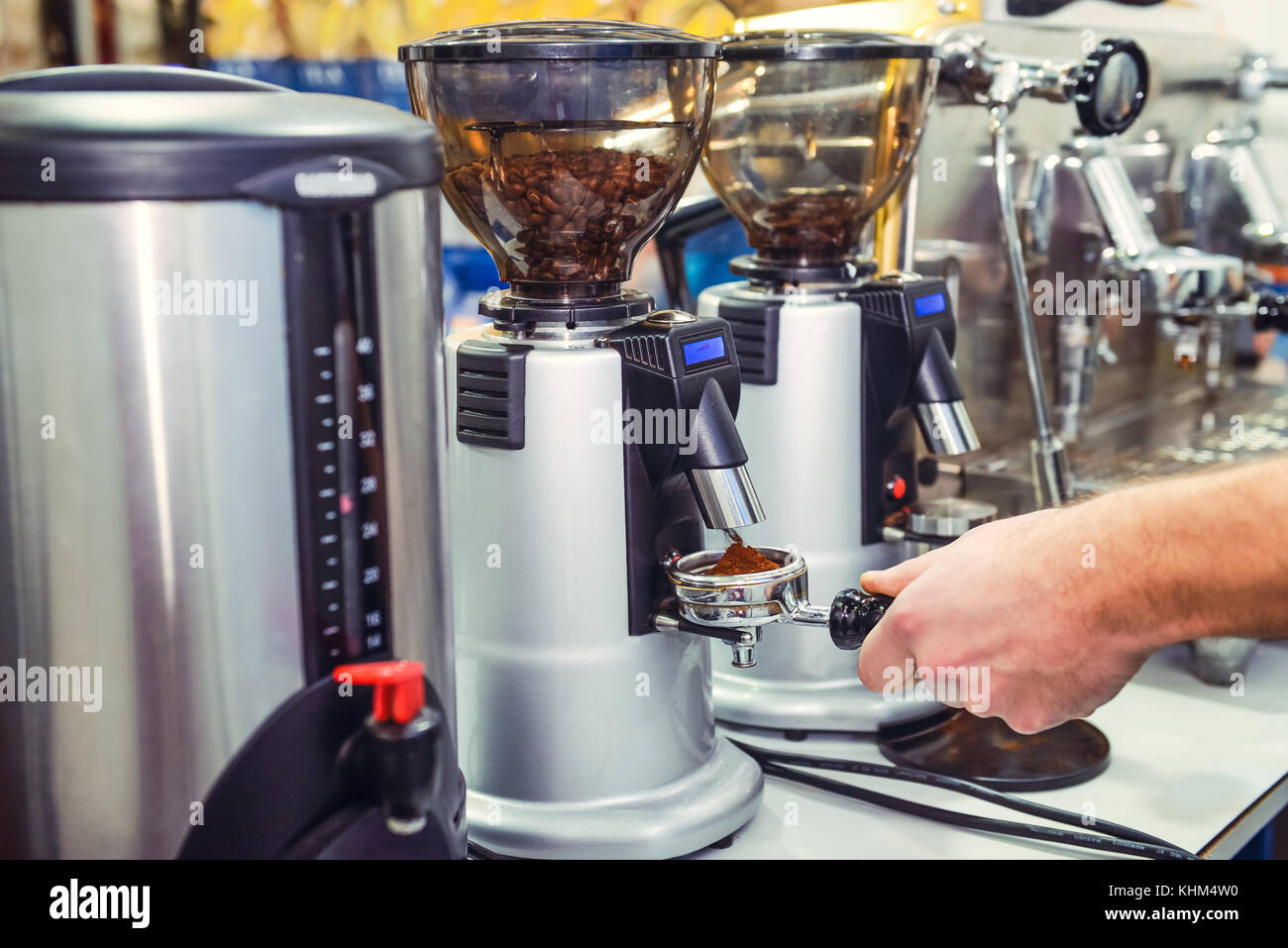 Close up Barista take coffee grind in group, Prepare to brewing ...