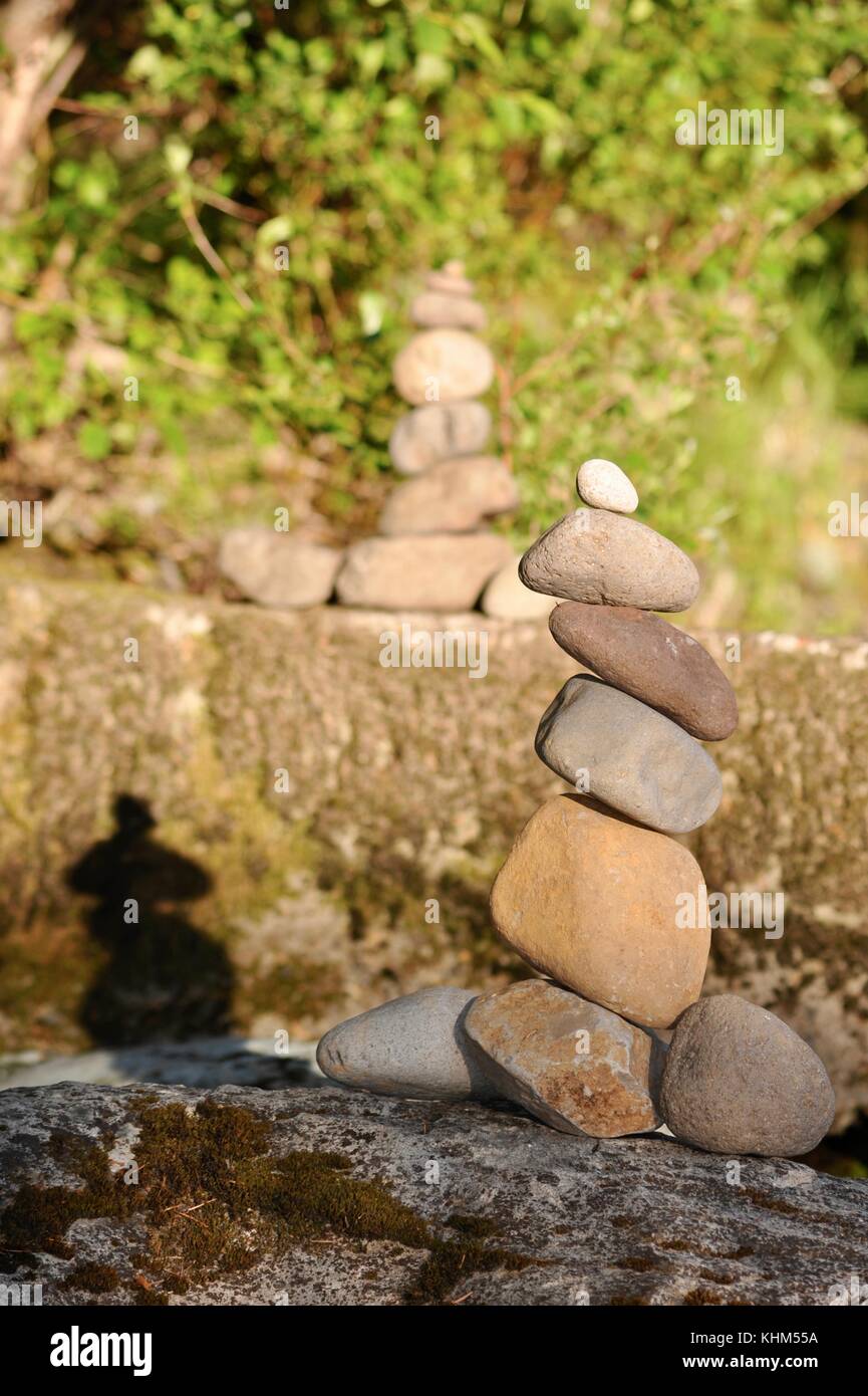 Cairn of carefully stacked or balanced stones in a tower at Breitenbush ...