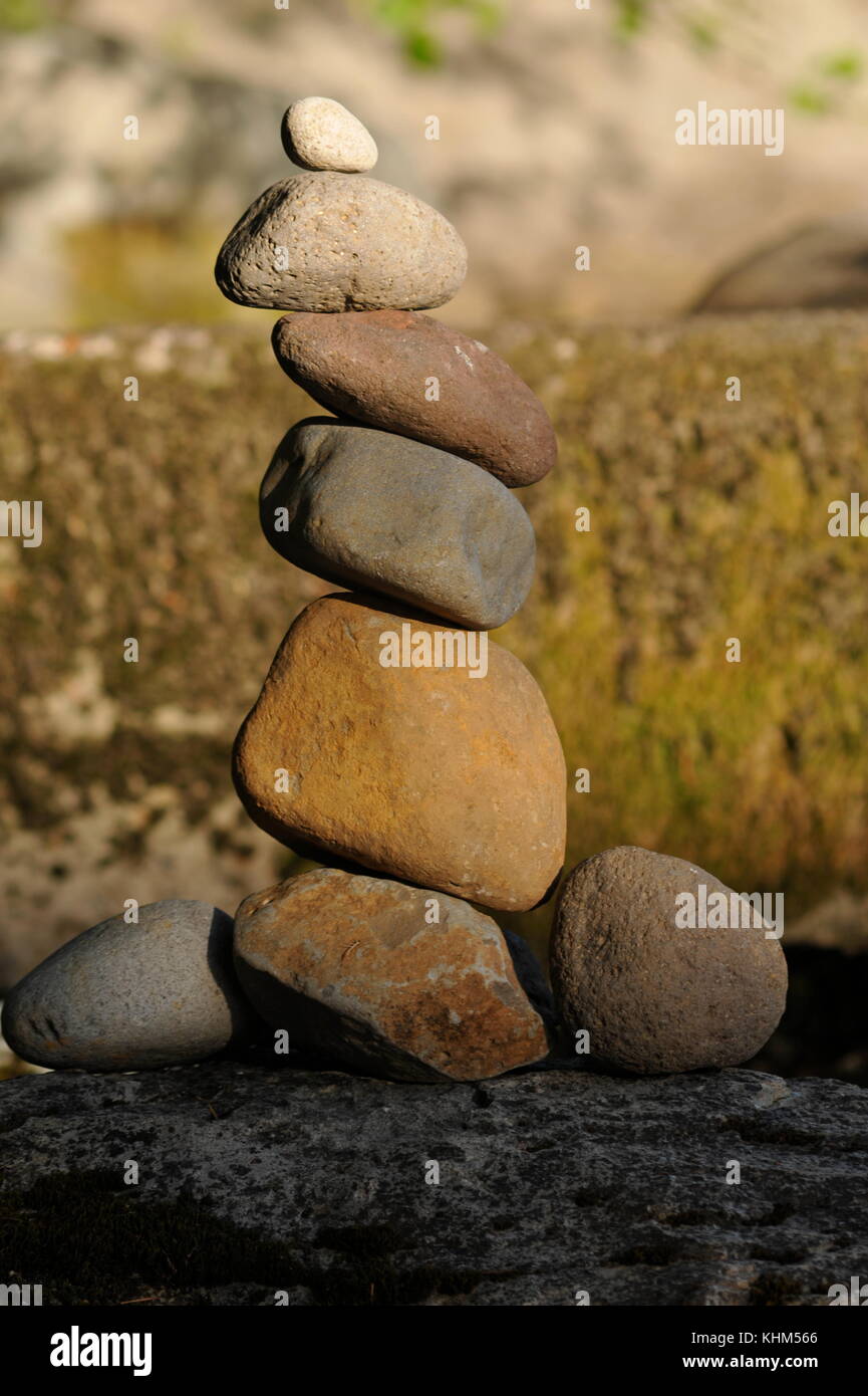 Cairn of carefully stacked or balanced stones in a tower at Breitenbush ...