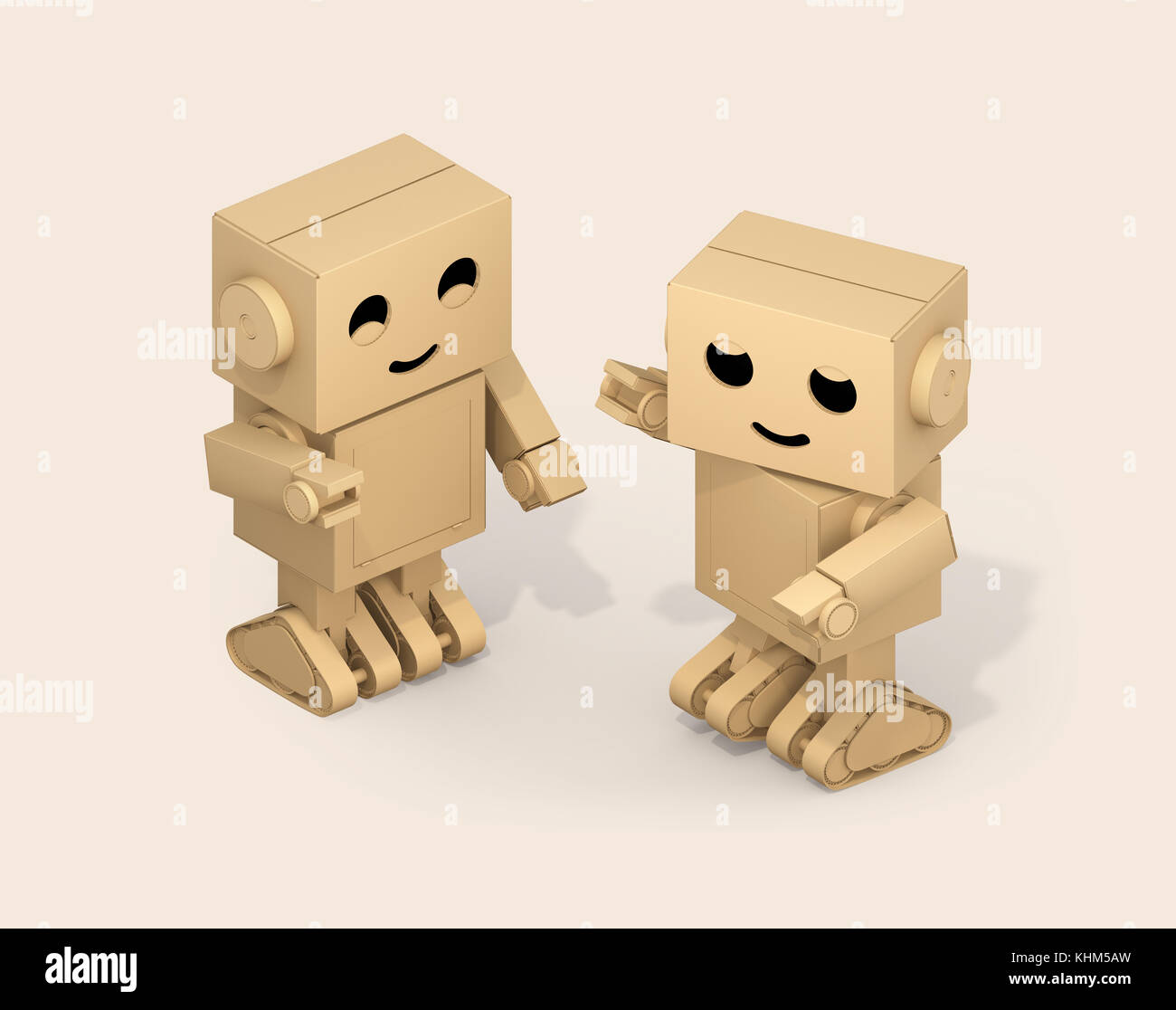 Isometric view of two cute Cardboard Robots isolated on white ...