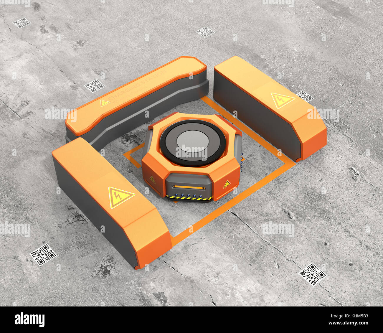 Orange warehouse robot charging at charging station. Advanced warehouse ...
