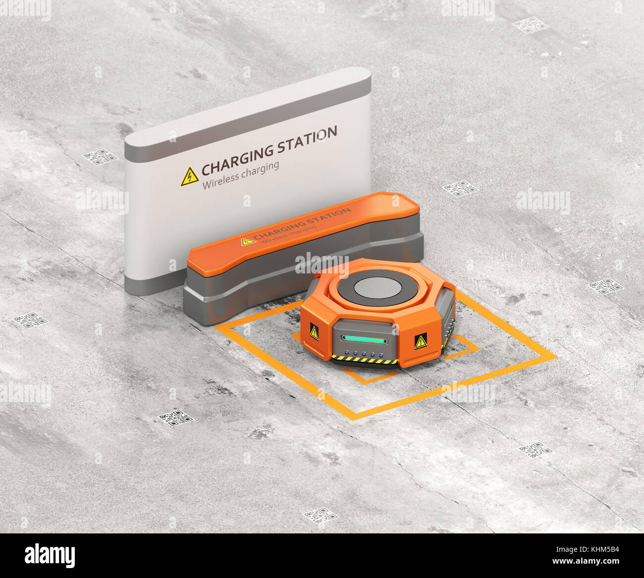 Orange warehouse robot charging at charging station. Advanced warehouse ...