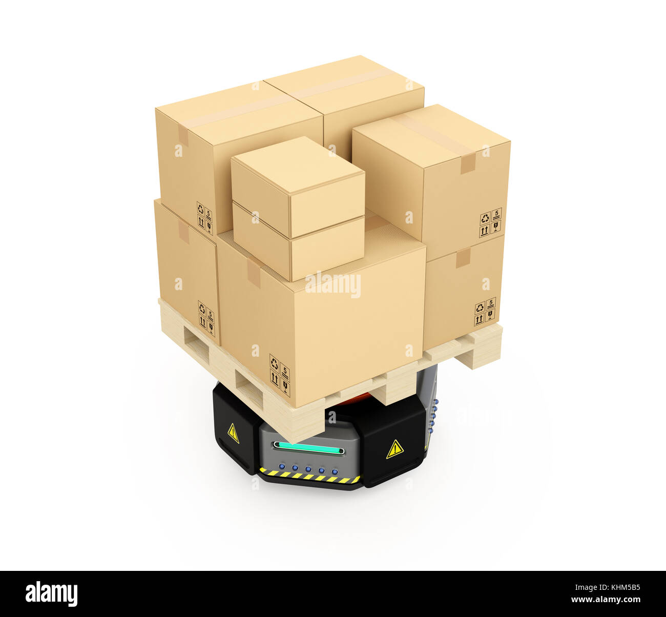 Black warehouse robot carrying cardboard boxes isolated on white ...