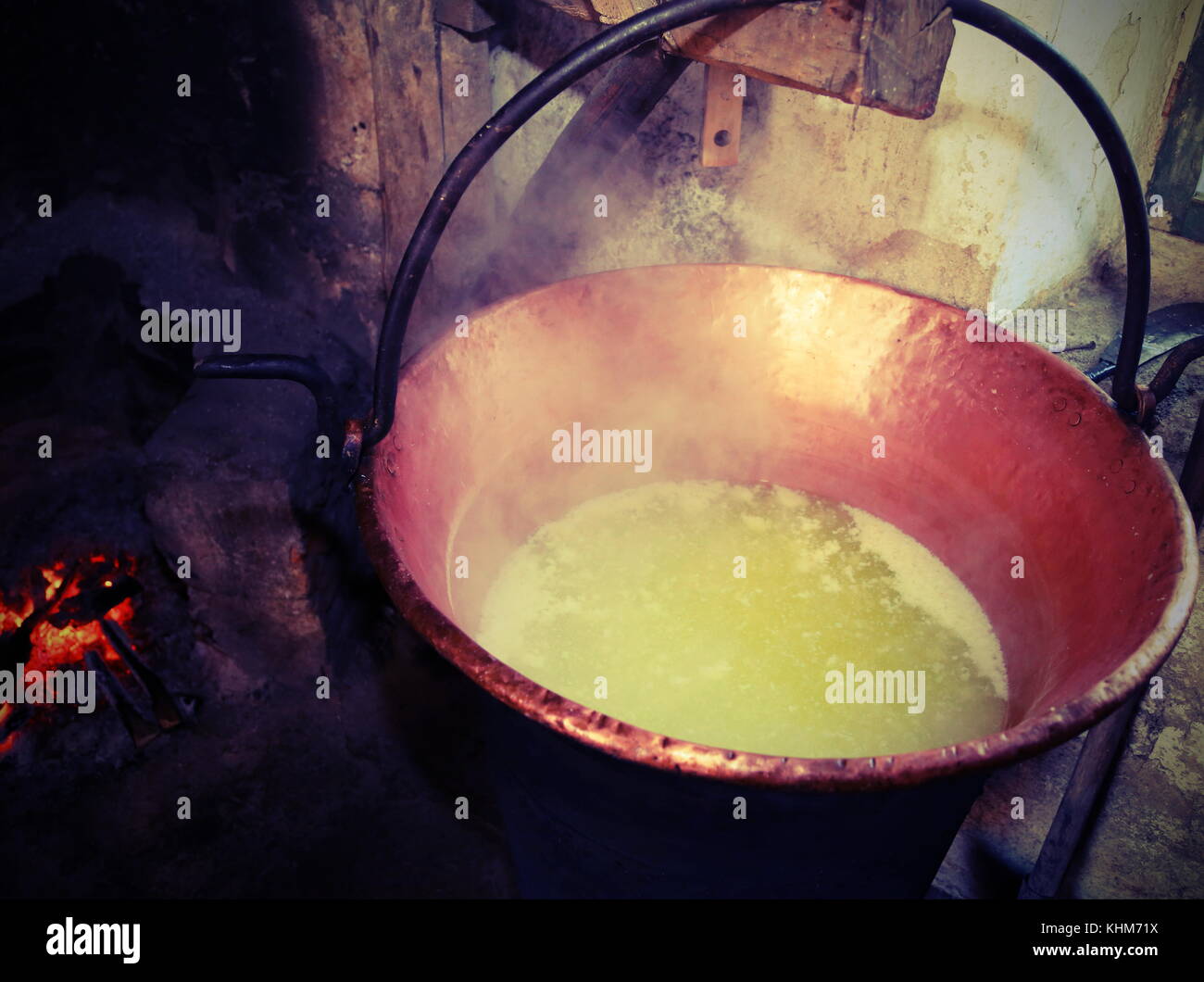 large cauldron to heat whey for cheese production in a dairy inside the ...
