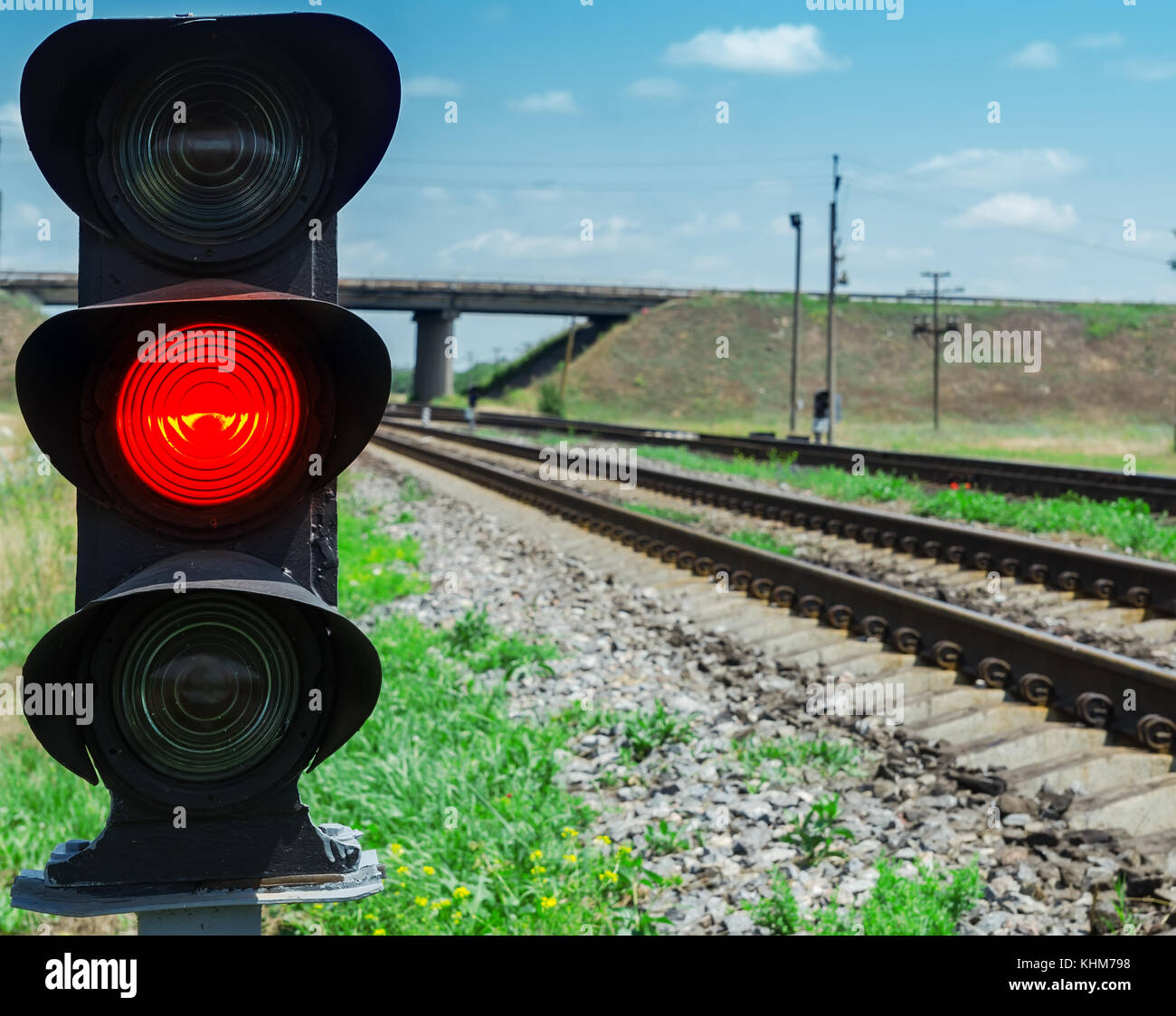 red semaphore near railway. soft focus Stock Photo - Alamy