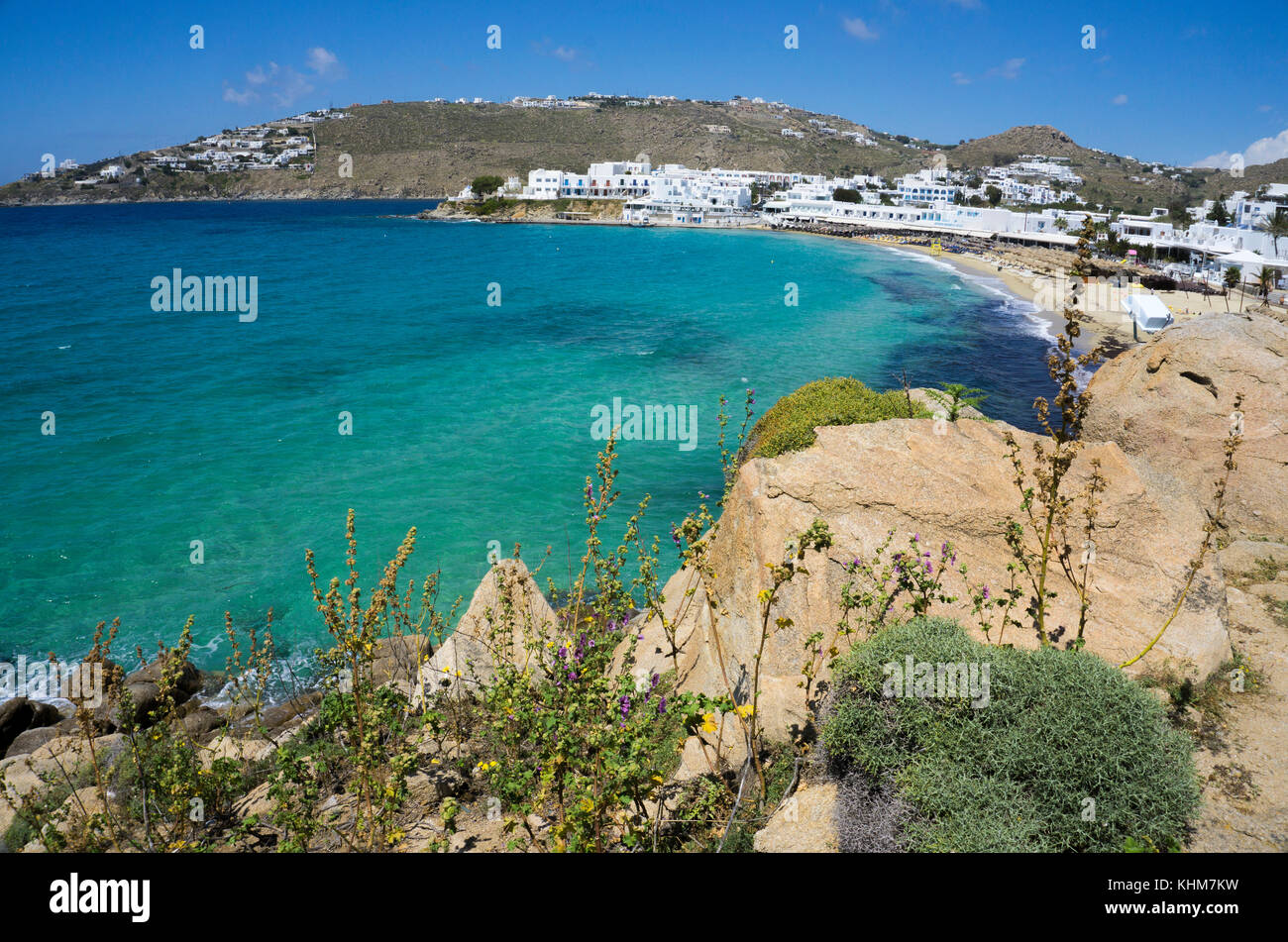 Beach at Platis Gialos, south of island, Mykonos island, Cyclades ...