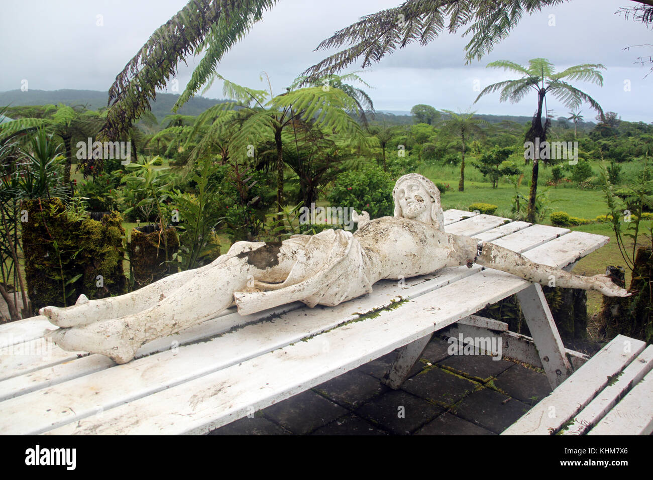 Statue of Christ on the white wooden table in Samoa Stock Photo - Alamy