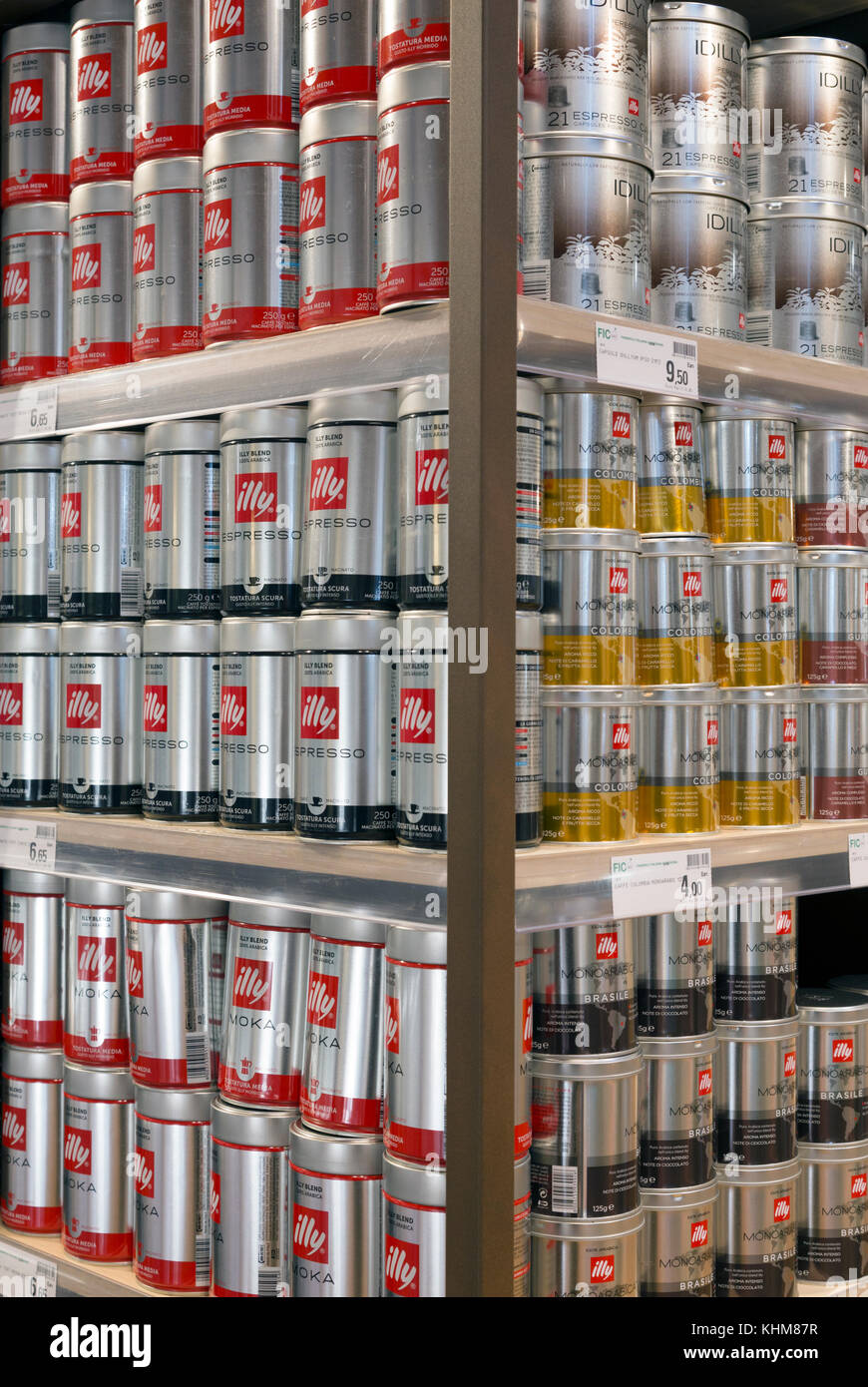 Fico Eataly world, Bologna Italy. Illy coffee cans in shelves Stock ...