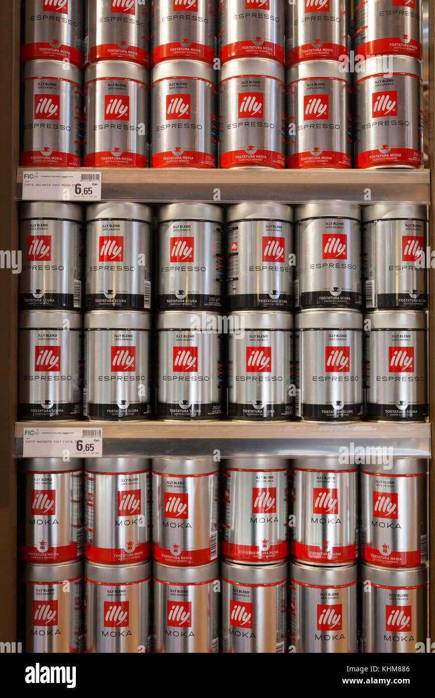 Fico Eataly world, Bologna Italy. Illy coffee cans in shelves Stock ...