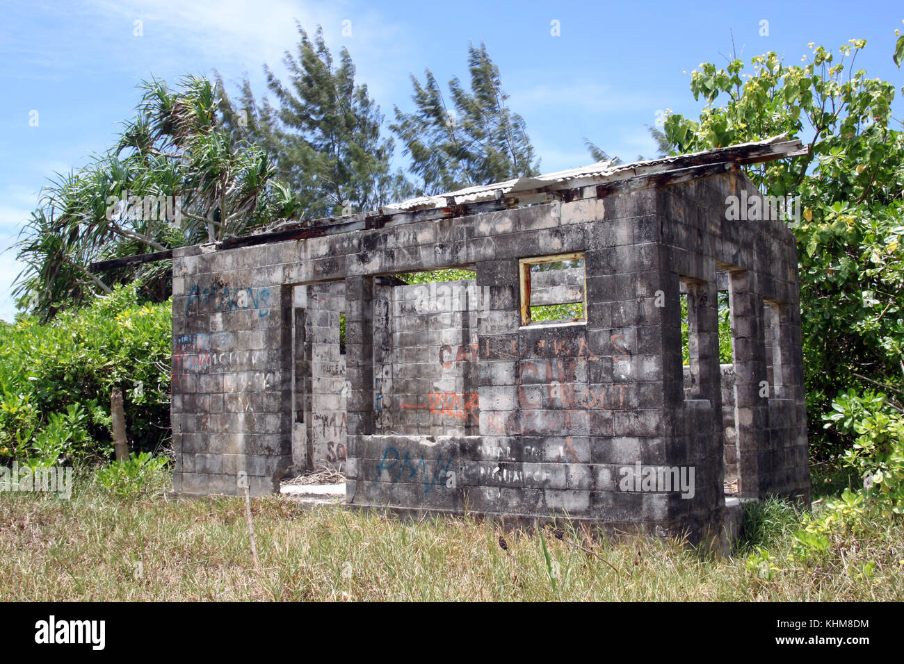 Cement block building with no roof and trees in Efate, Vanuatu Stock ...