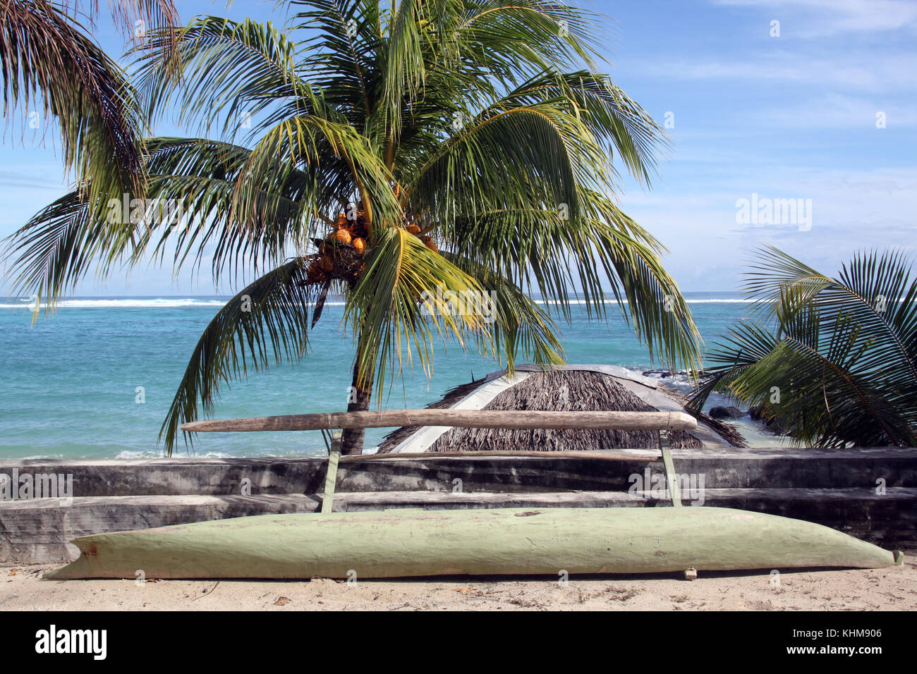 Coconut palm tree and boat on the beach in Savaii, Samoa Stock Photo ...