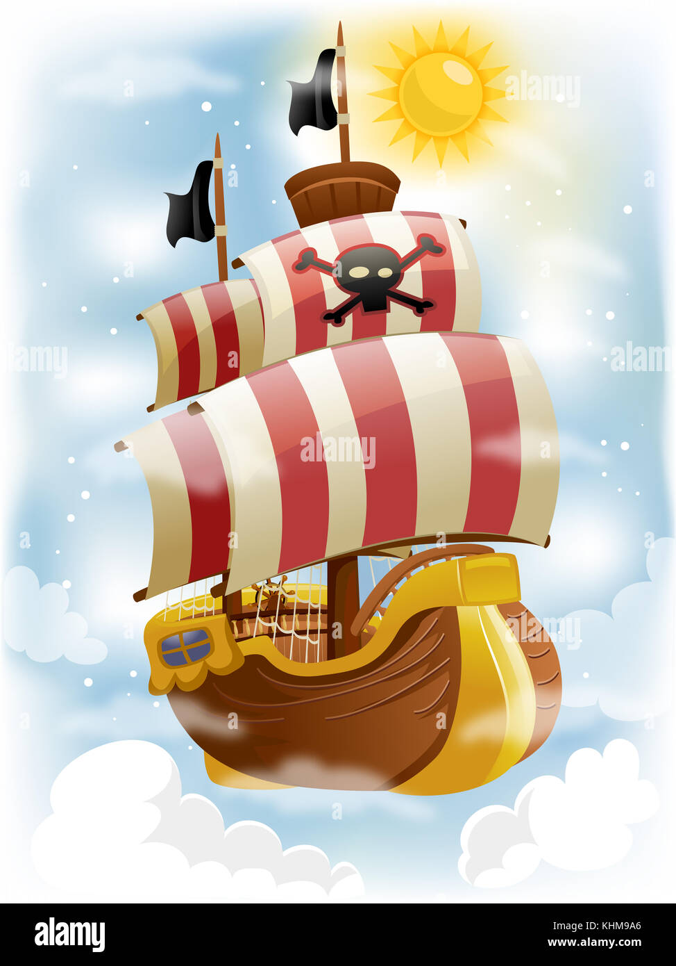 Colorful Illustration of a Pirate Ship with Red and White Striped Sails ...