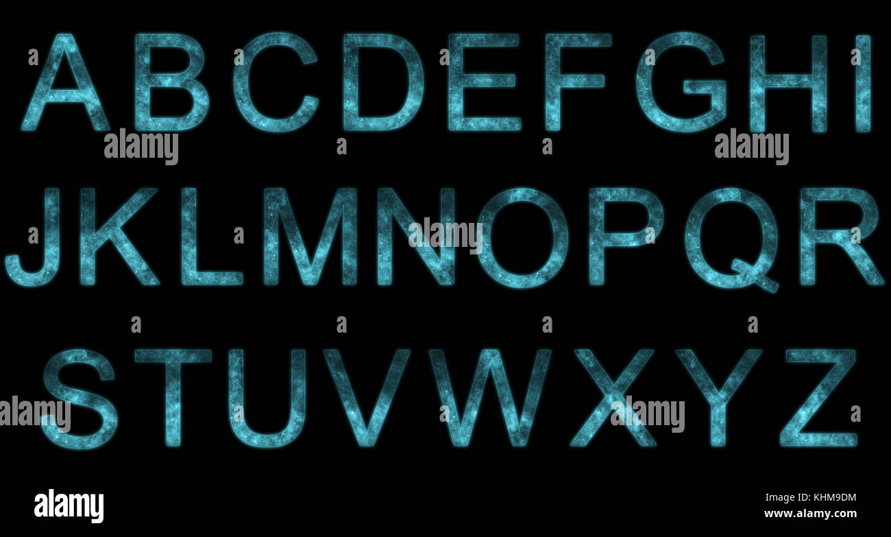 Stylized Starry Alphabet. Space Letters. Space Alphabet. Cyan on black ...