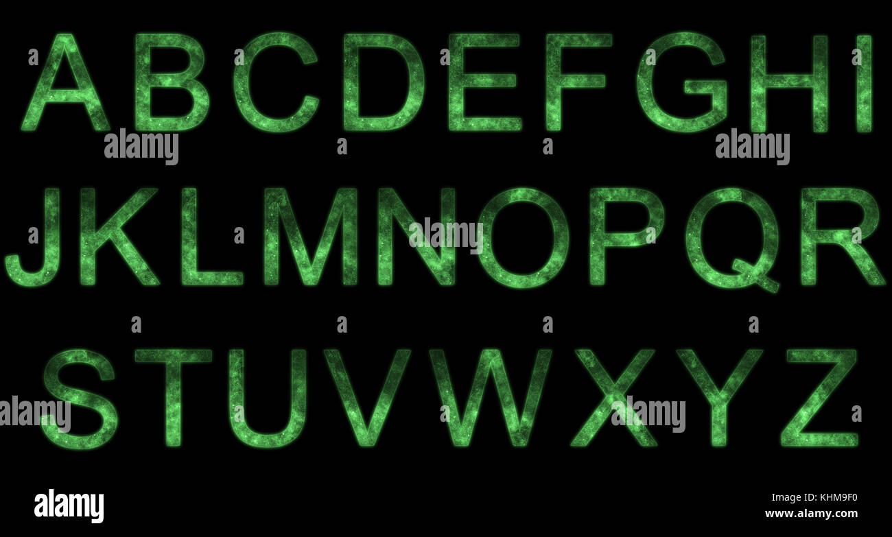 Stylized Starry Alphabet. Space Letters. Space Alphabet. Green on black ...