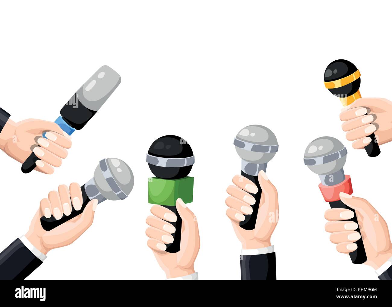 Microphones in reporter hands. Set of microphones isolated on white background. Television ...