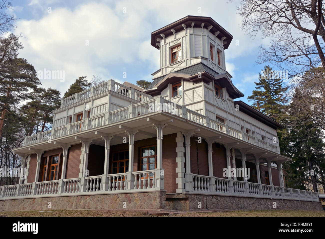 Luxury vintage wooden cottage with tower at the spring season Stock ...