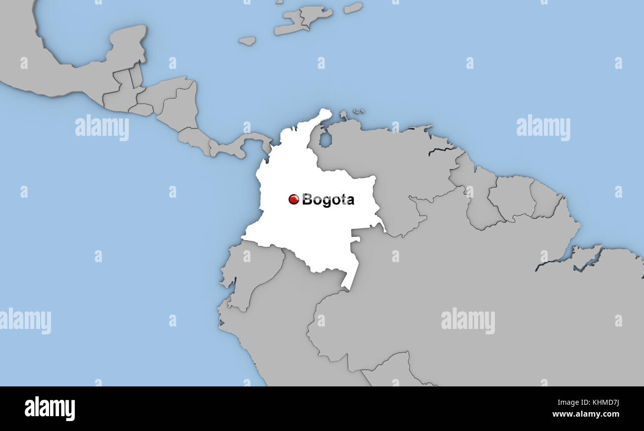 Abstract 3d render of map of Colombia highlighted in white color and ...