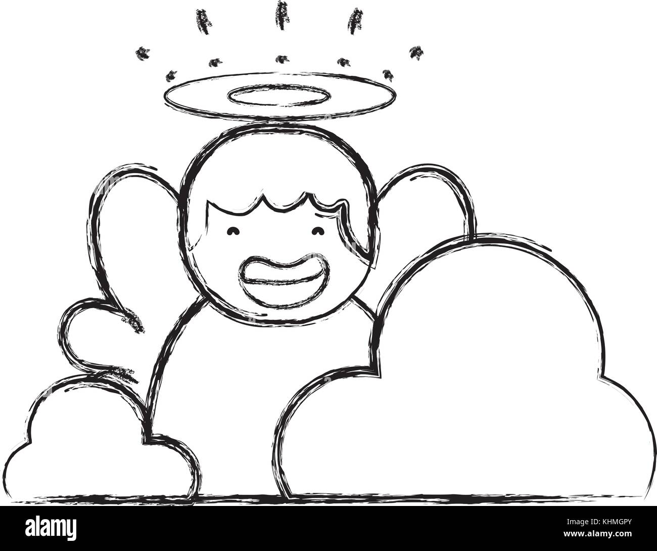 figure cute angel with aureole and wings with clouds vector ...