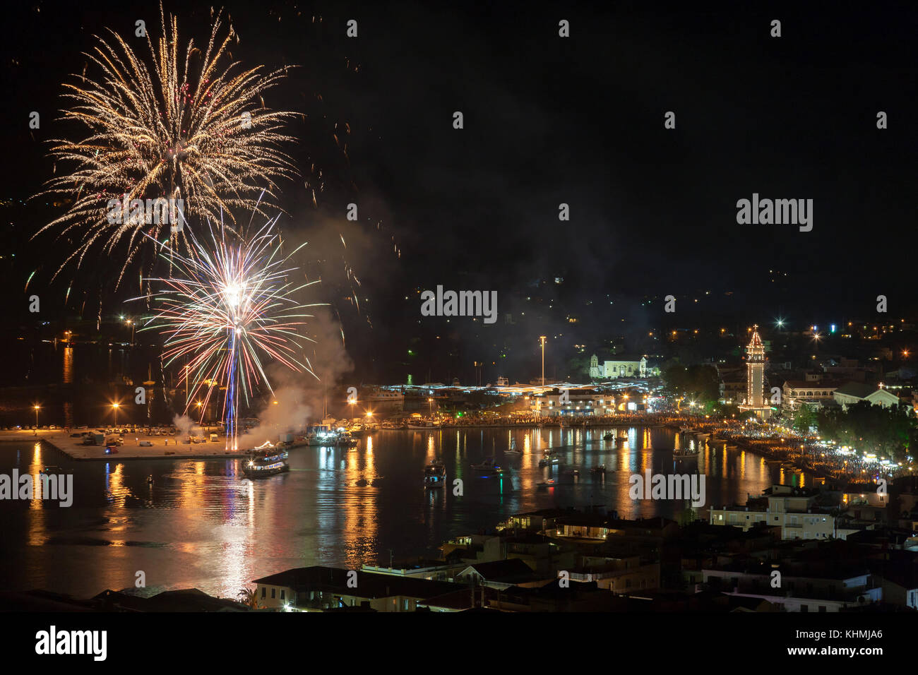 Greek island celebration with fireworks in the night sky Stock Photo ...