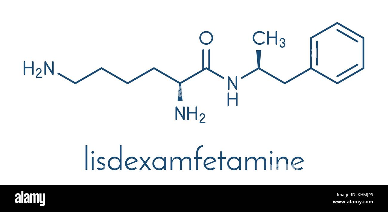 Lisdexamfetamine mesylate ADHD treatment drug molecule. Skeletal ...