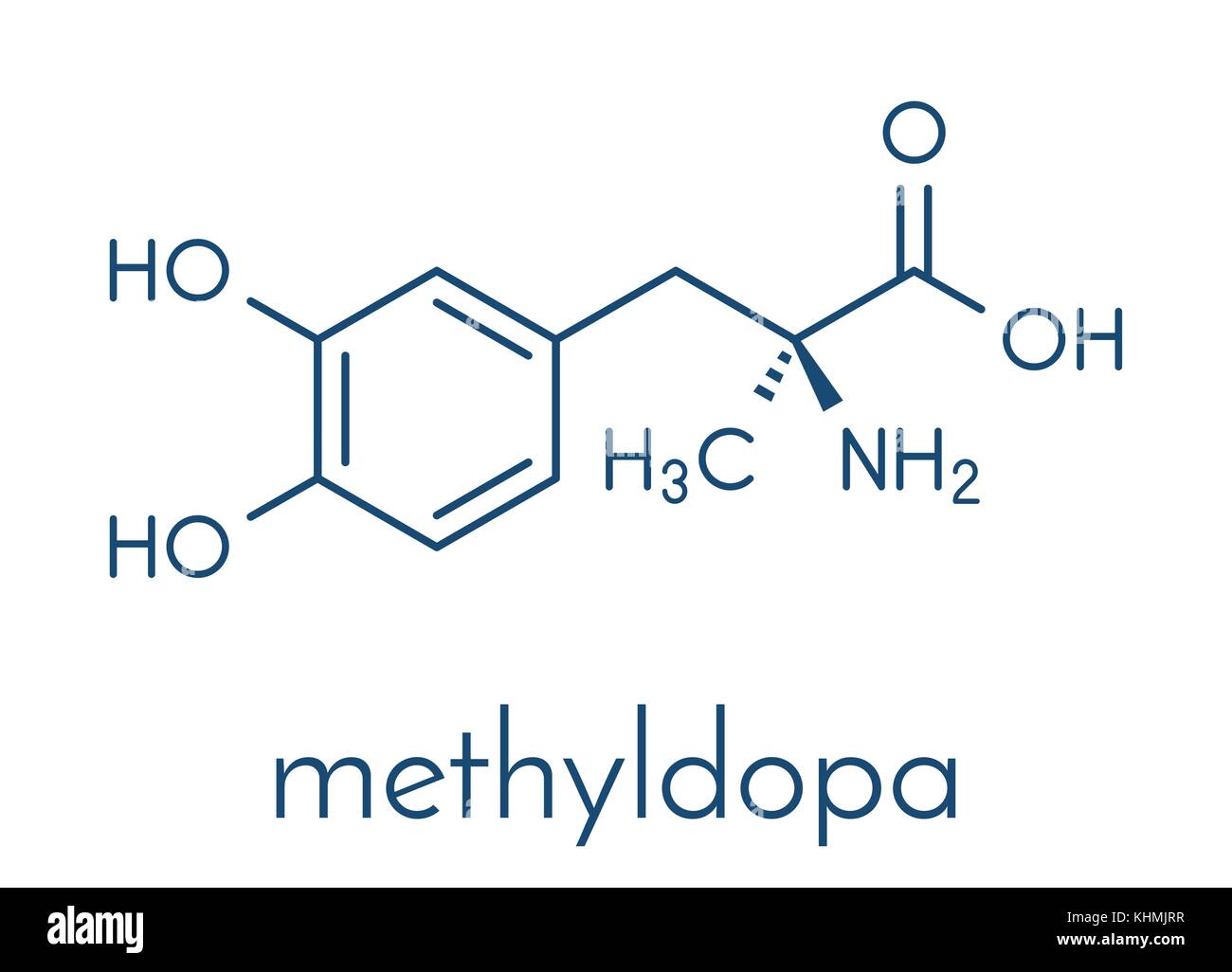 Methyldopa high blood pressure (hypertension) drug molecule. Skeletal ...